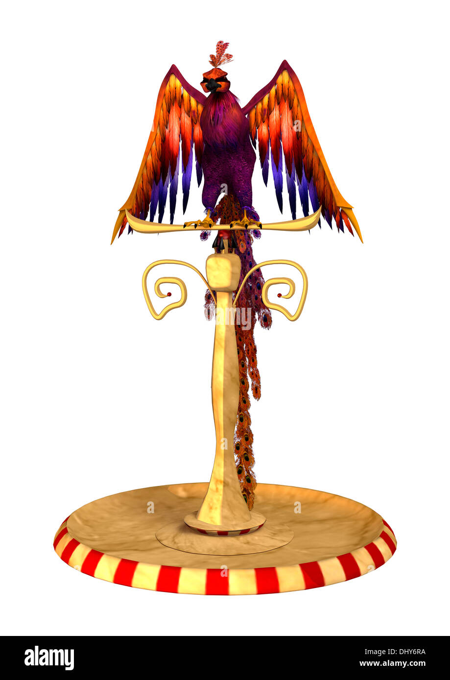 3D digital render of a bird phoenix sitting on a golden perch isolated ...