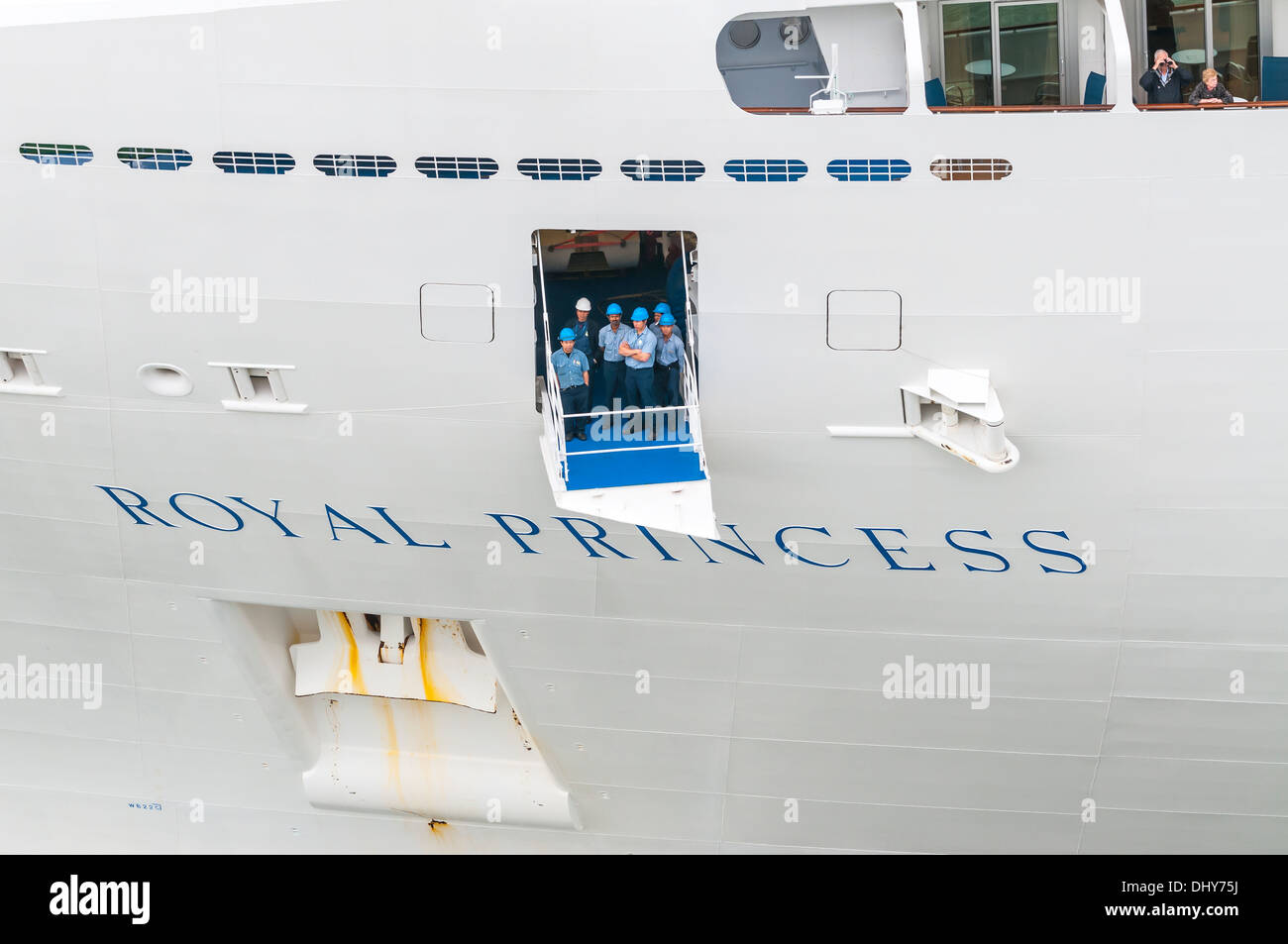 The Royal Princess cruise ship close up detail. Balcony cabins. anchor ...