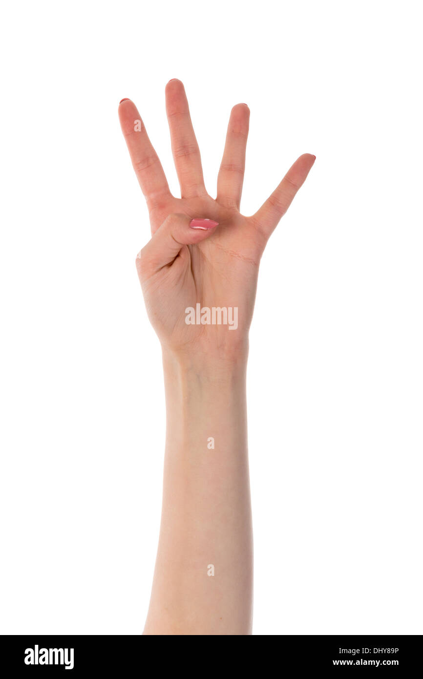 Female hand showing four fingers isolated on white background Stock ...
