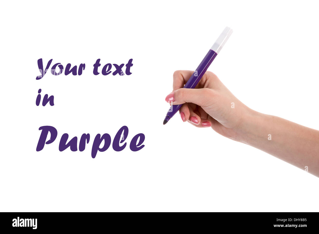 Hand writing with purple pencil isolated on white background Stock ...