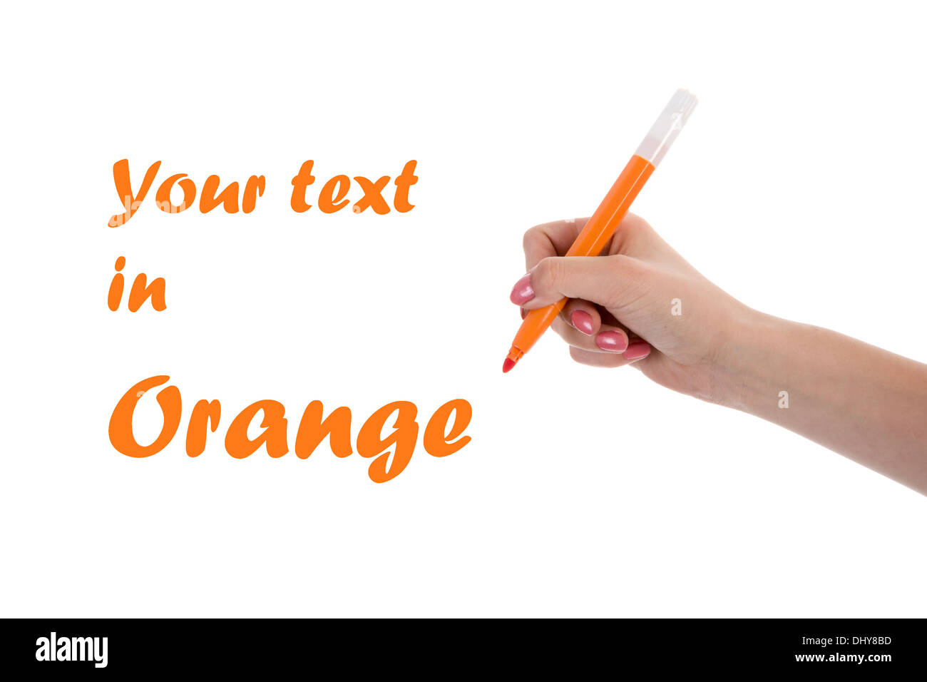 Hand writing with orange pencil isolated on white background Stock ...