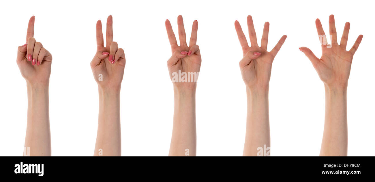 Five counting female hands isolated on white Stock Photo - Alamy