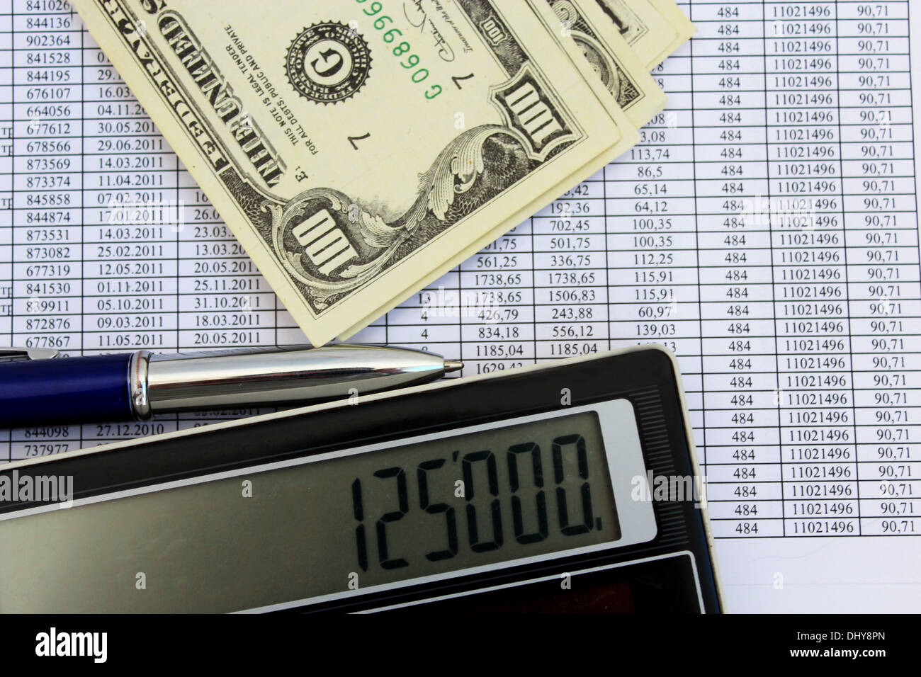 dollar bank notes, calculator, some tables and pen Stock Photo - Alamy
