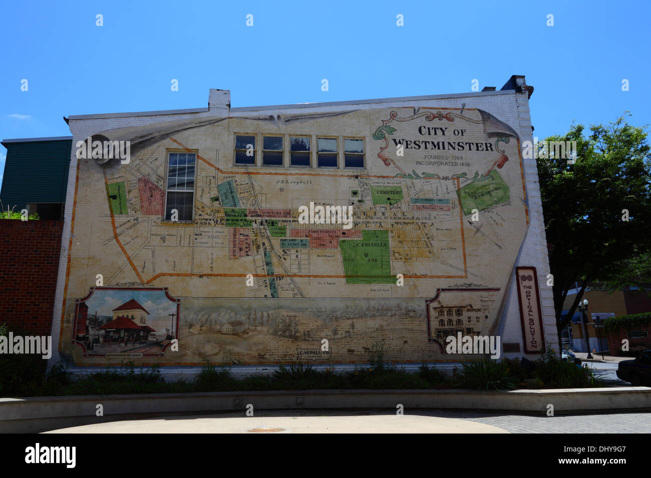 Old fashioned city map painted on the side of a building, Westminster ...