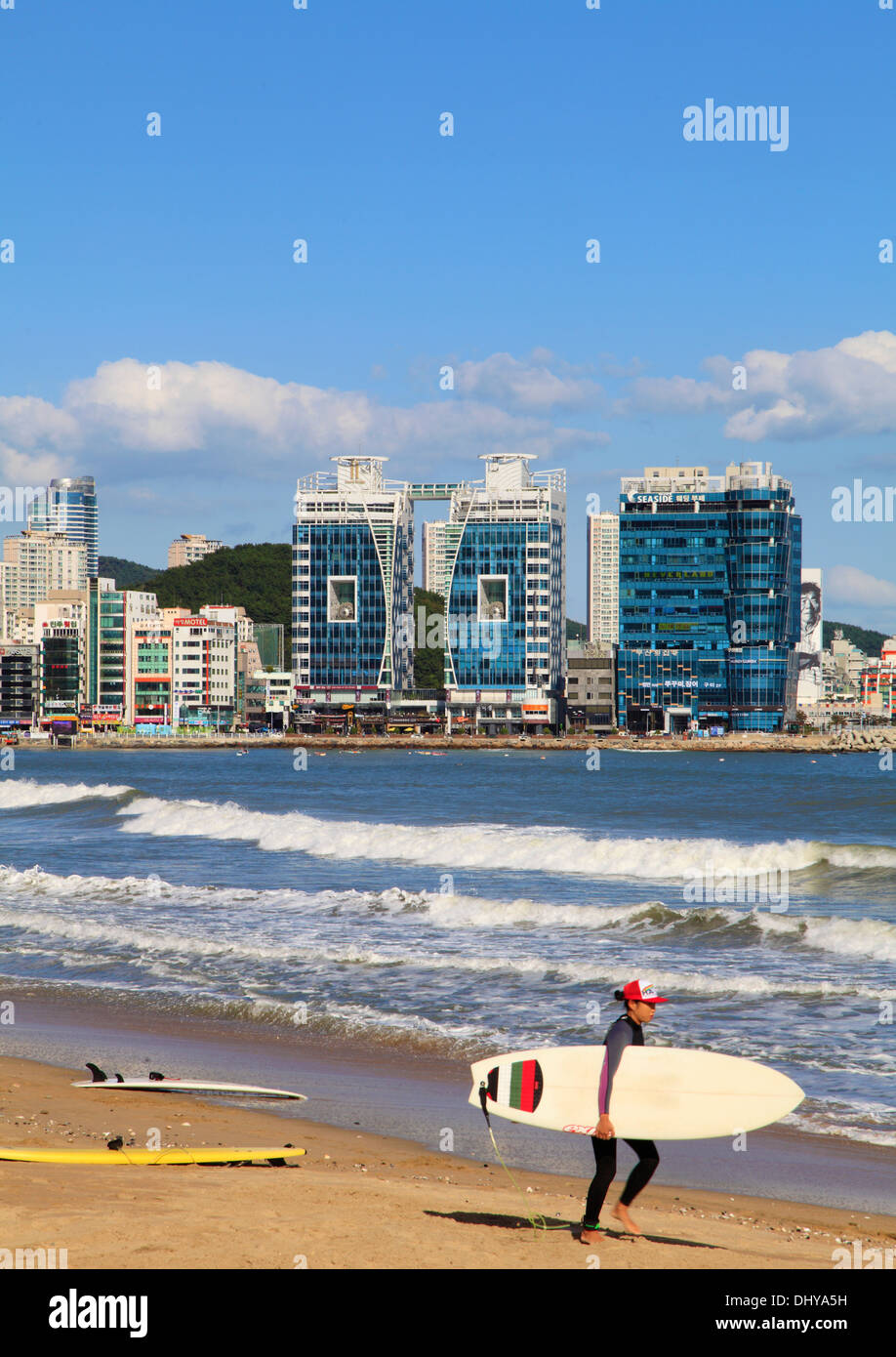 South Korea, Busan, Gwangalli Beach, skyline, surfer Stock Photo - Alamy