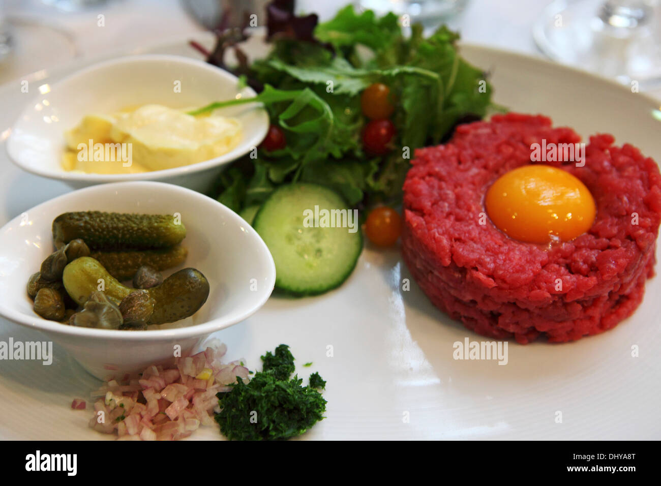 Steak Tartare (Steak Americain) is served in Brussels, Belgium. The ...