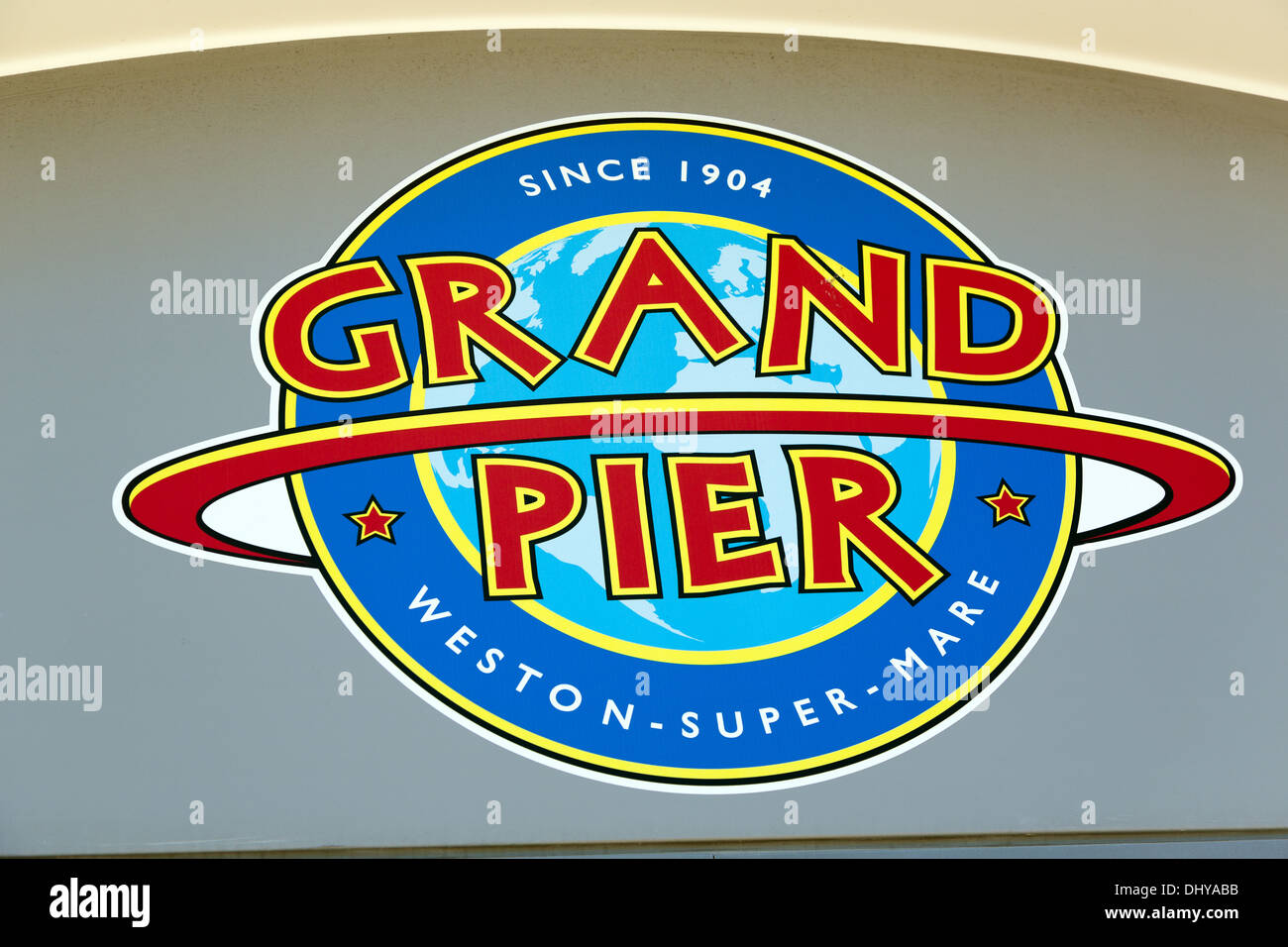 Grand Pier sign at the entrance to the pier in Weston-Super-Mare ...