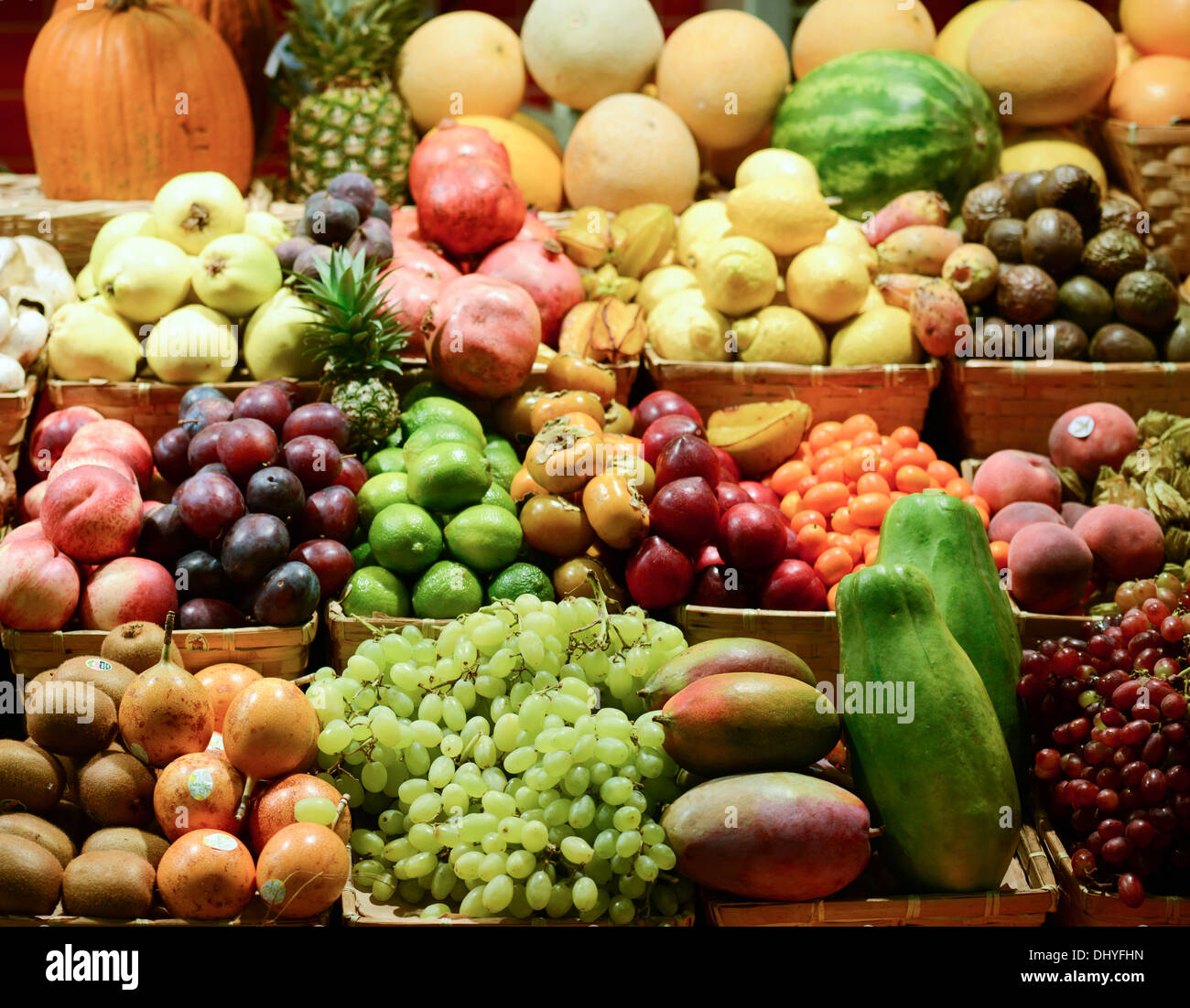 Fruit market with various colorful fresh fruits and vegetables - Market ...