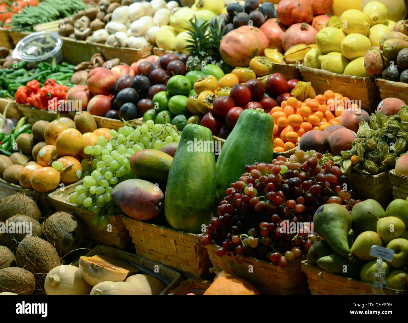 Fruit market with various colorful fresh fruits and vegetables - Market ...