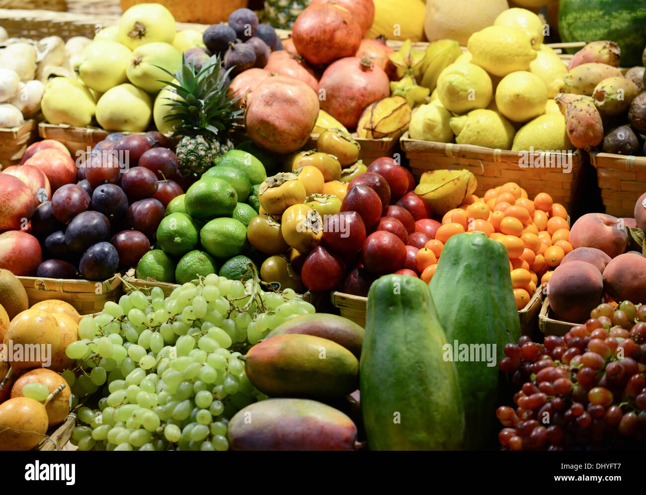 Fruit market with various colorful fresh fruits and vegetables - Market ...