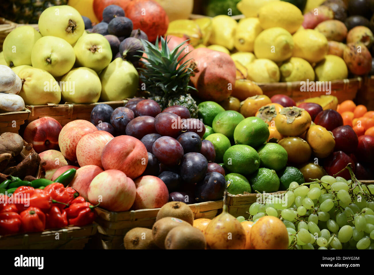 Fruit market with various colorful fresh fruits and vegetables - Market ...