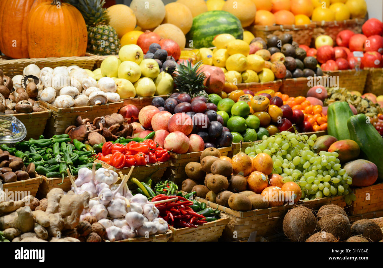 Fruit market with various colorful fresh fruits and vegetables - Market ...