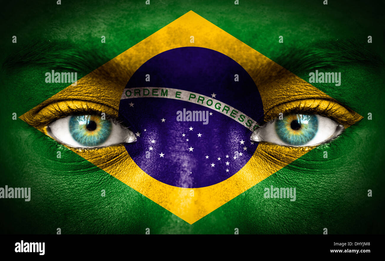 Human face painted with flag of Brazil Stock Photo - Alamy