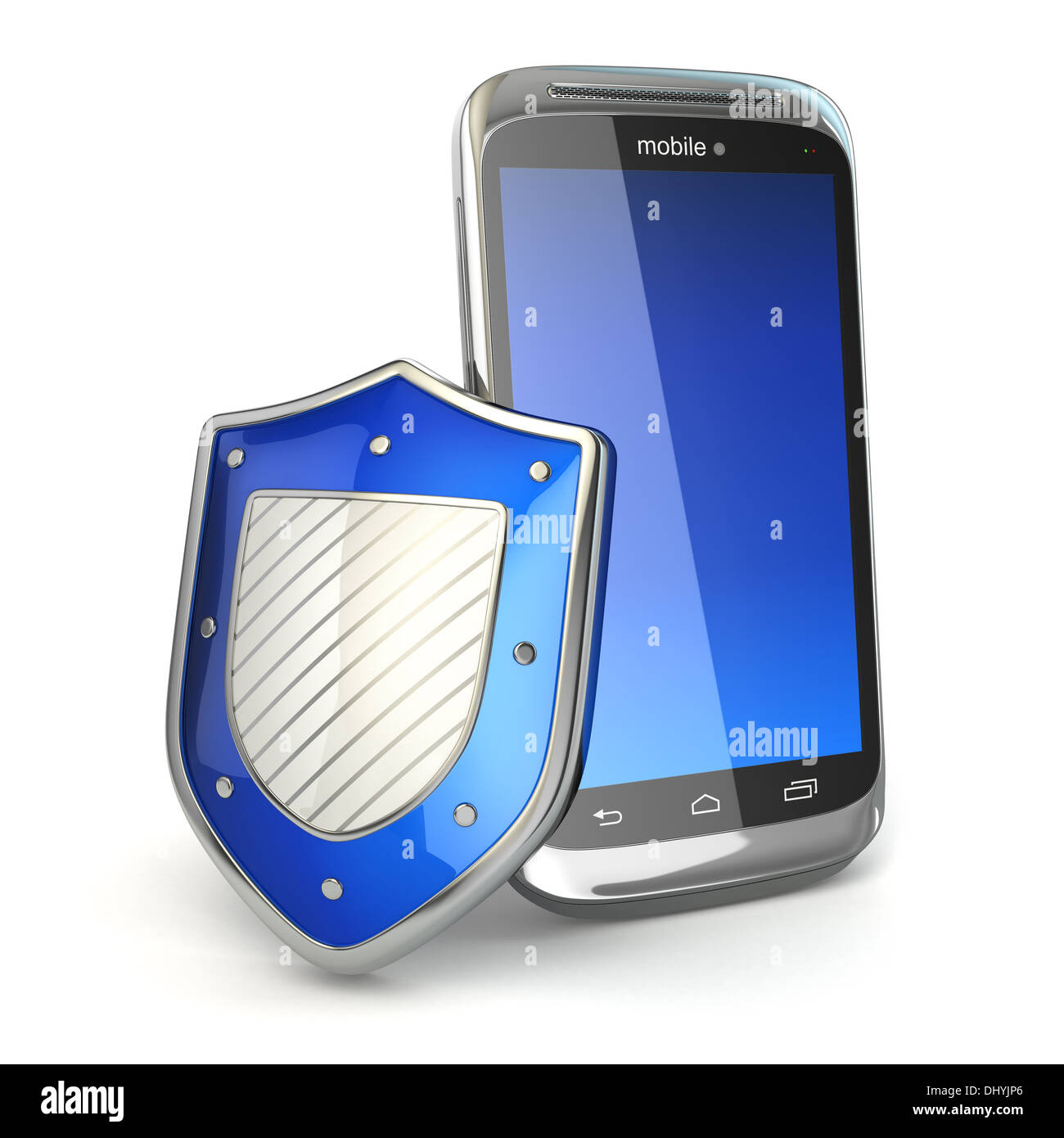 Mobile phone security concept. Cellphone and shield. 3d Stock Photo - Alamy