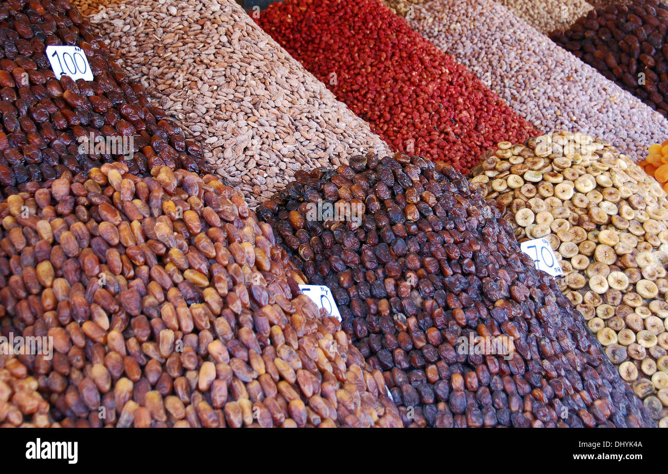 Fruit and nuts on a Moroccan market in Marrakesh, Morocco Stock Photo ...
