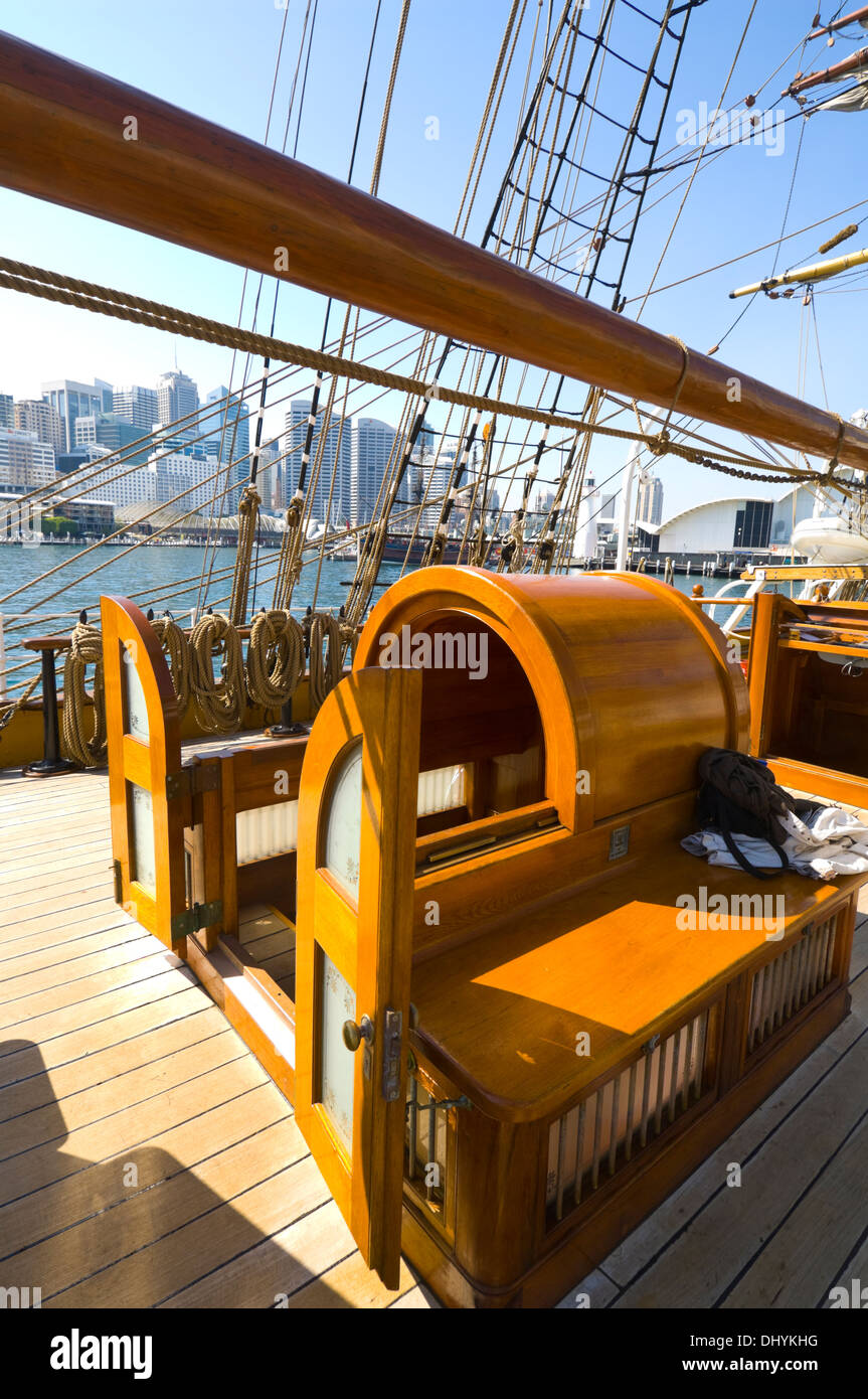 Deck of the James Craig Tall Ship, with Sydney skyline, Australia Stock ...