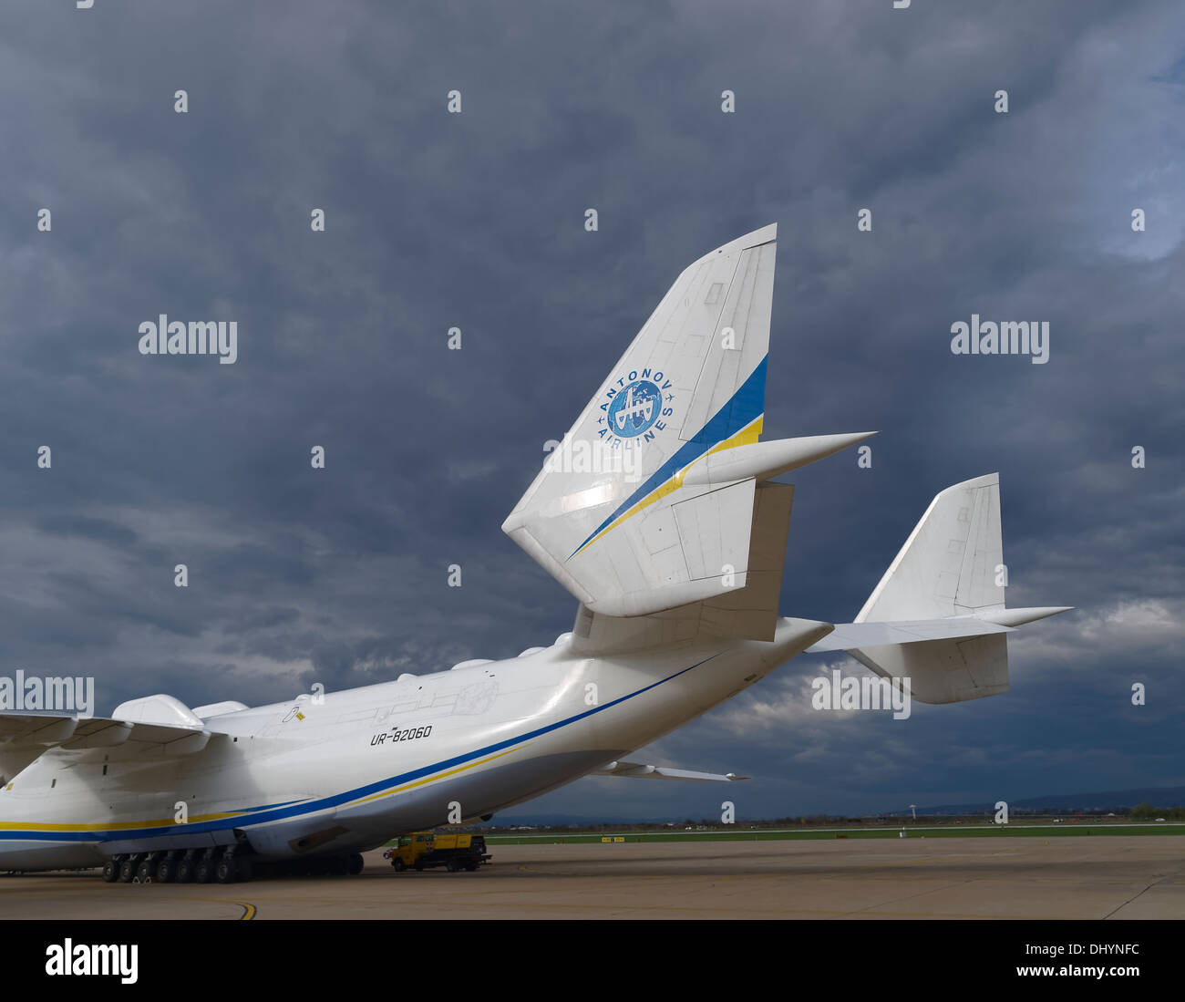 Antonov An-225 Mriya diagonally from behind. The tail on the picture s ...