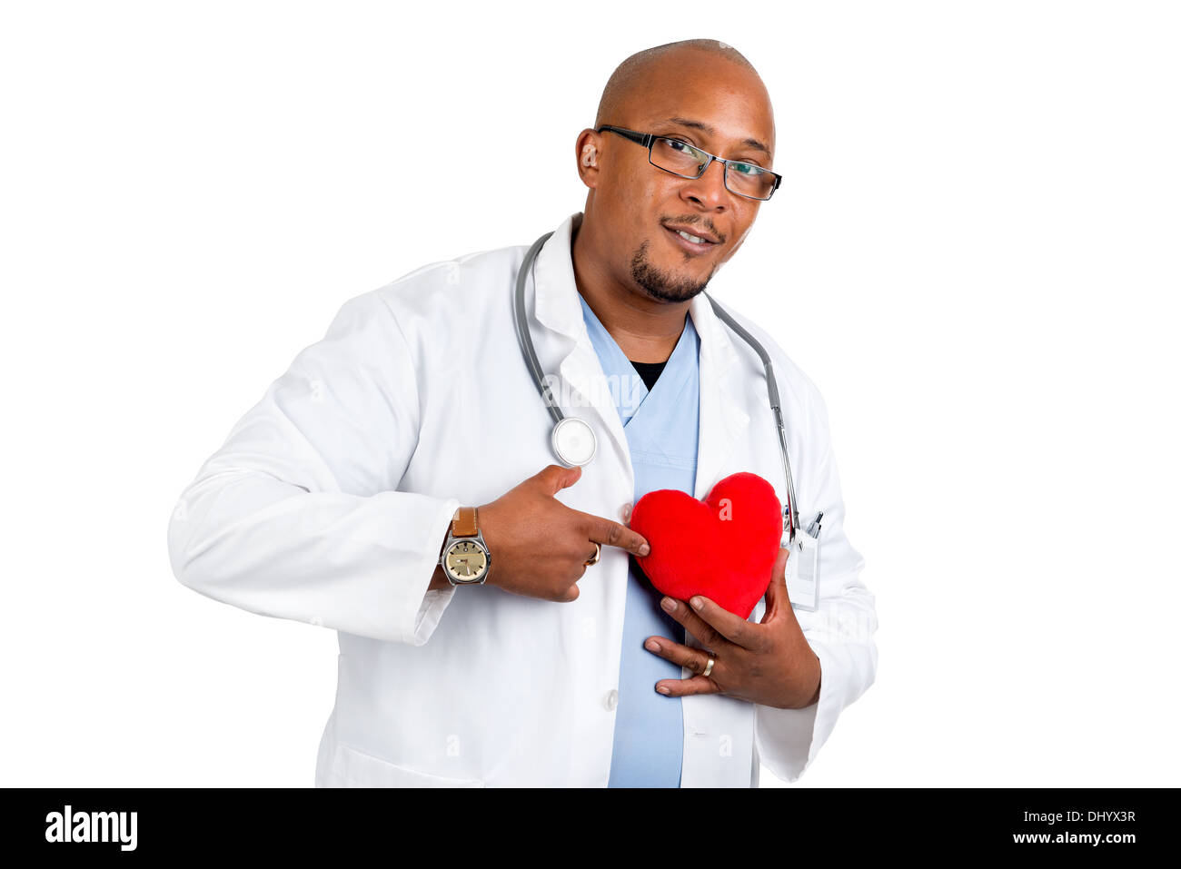 Dark skin doctor posing with a big red heart Stock Photo - Alamy