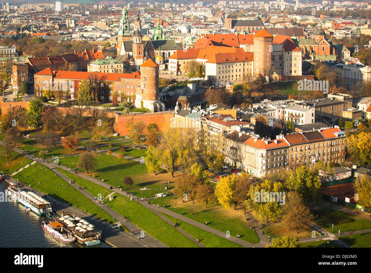 Aerial view of Royal Wawel castle with park and Vistula river in Krakow ...