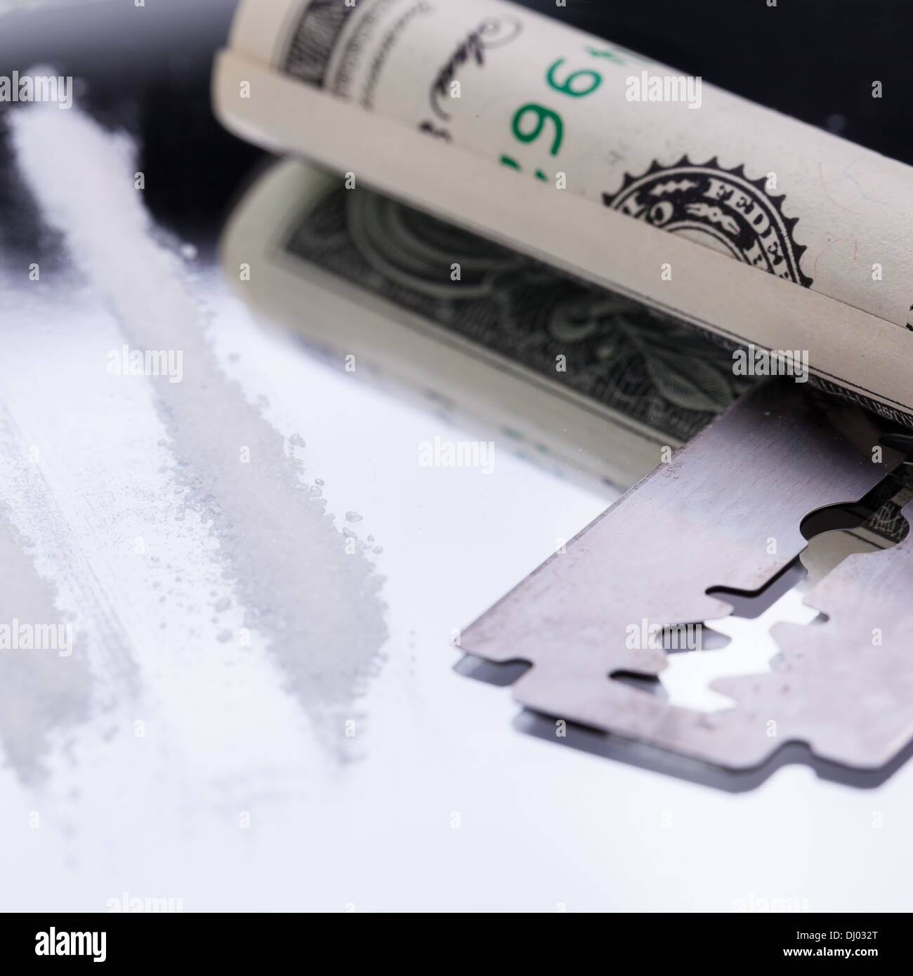 cocaine lines on mirror with razor blade drugs objects macro closeup ...