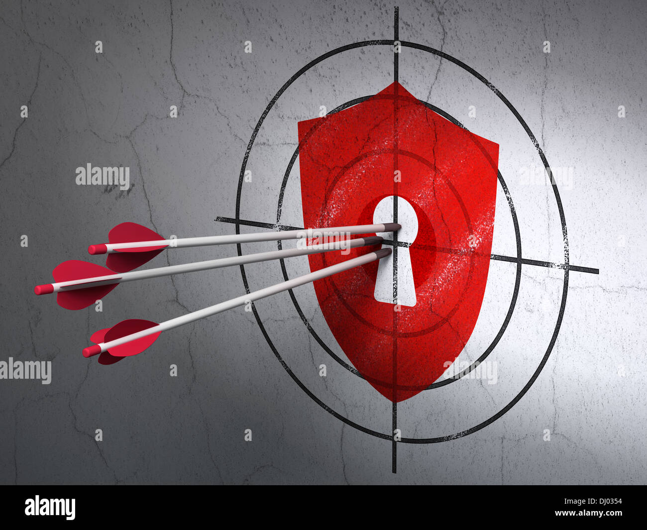Protection concept: arrows in Shield With Keyhole target on wall Stock ...
