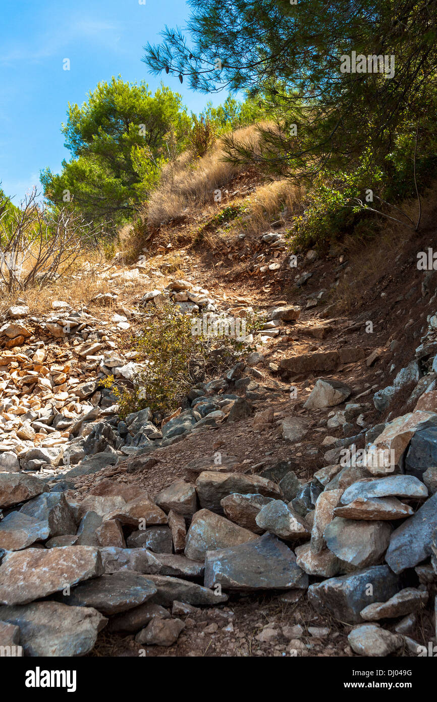 Steep path leading to Vaja bay near Racisce on Korcula island, Croatia ...