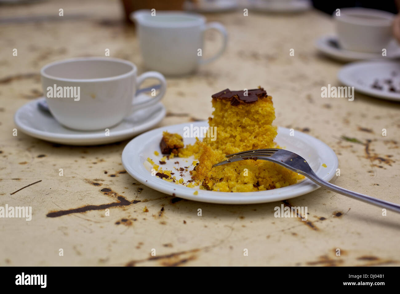 empty plate with cake crumbs. Cake and tea party in trendy rustic ...