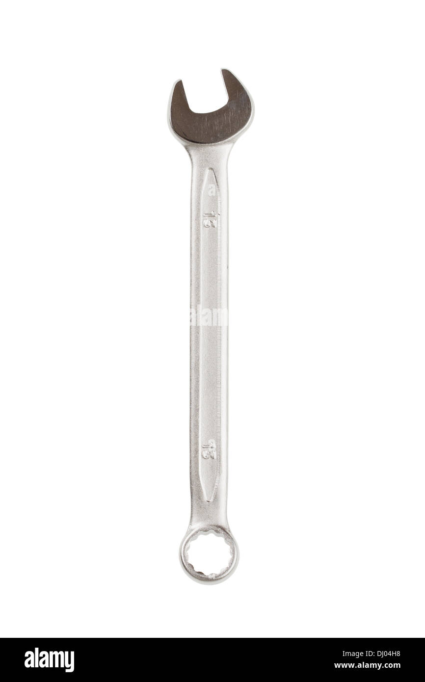 Single steel and chrome spanner with jaws and a ridged hole for ...