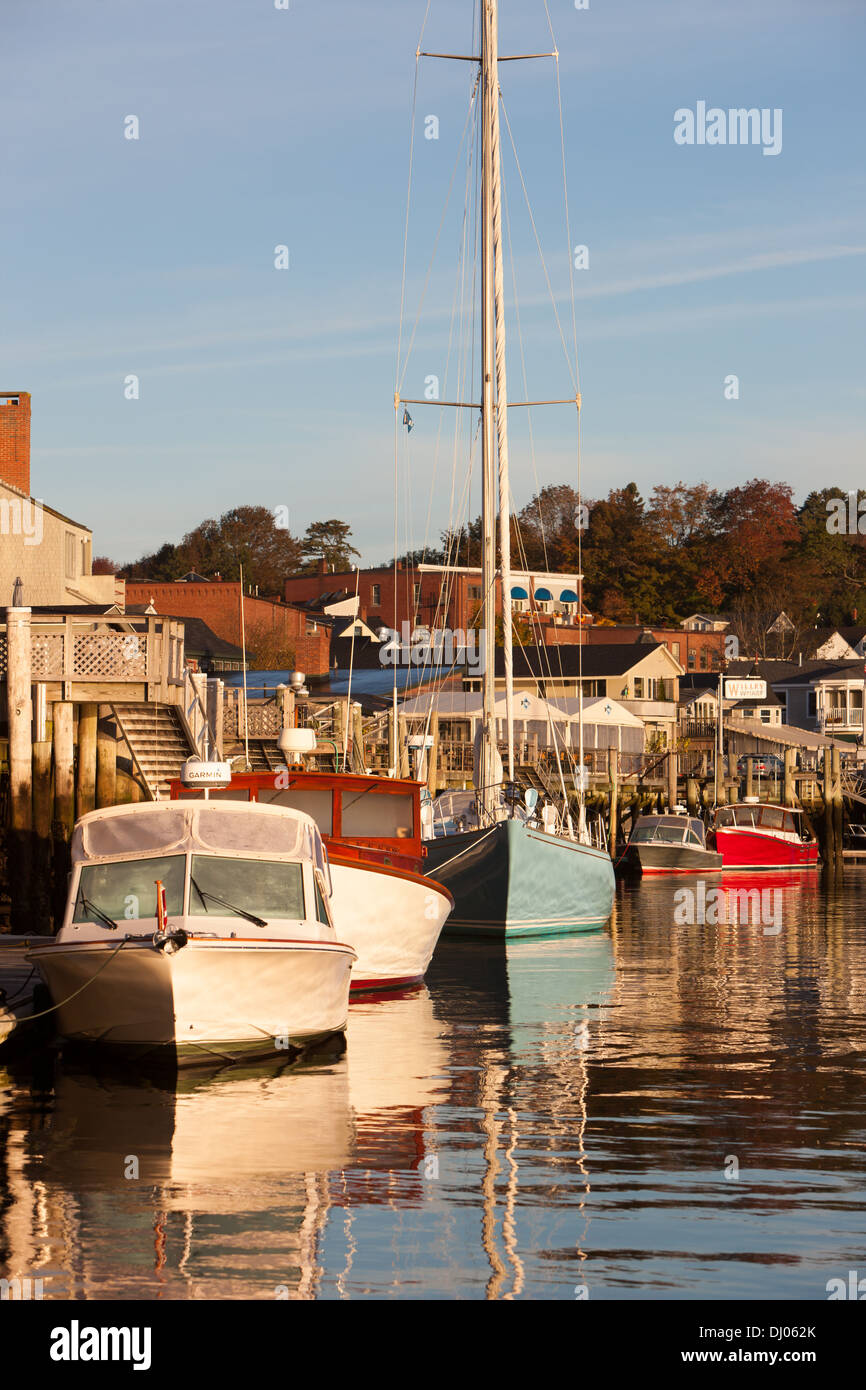 Boats and sailboats docked shortly after sunrise in Camden harbor ...