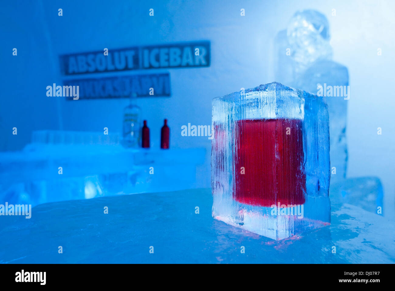 Red Vodka drink in an ice class at the Absolut Ice bar at the Ice Hotel ...