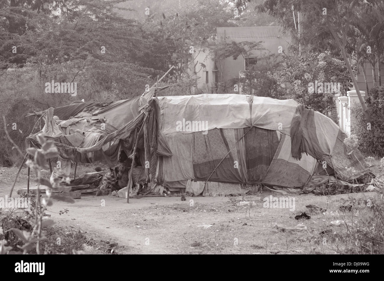 An Indian hovel, tent made of rags and bamboo canes for a working poor ...