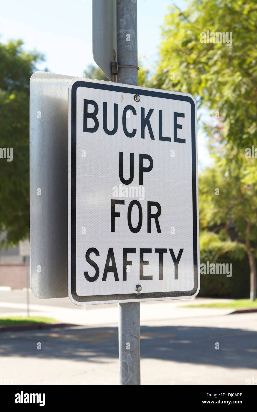Buckle up road sign hi-res stock photography and images - Alamy