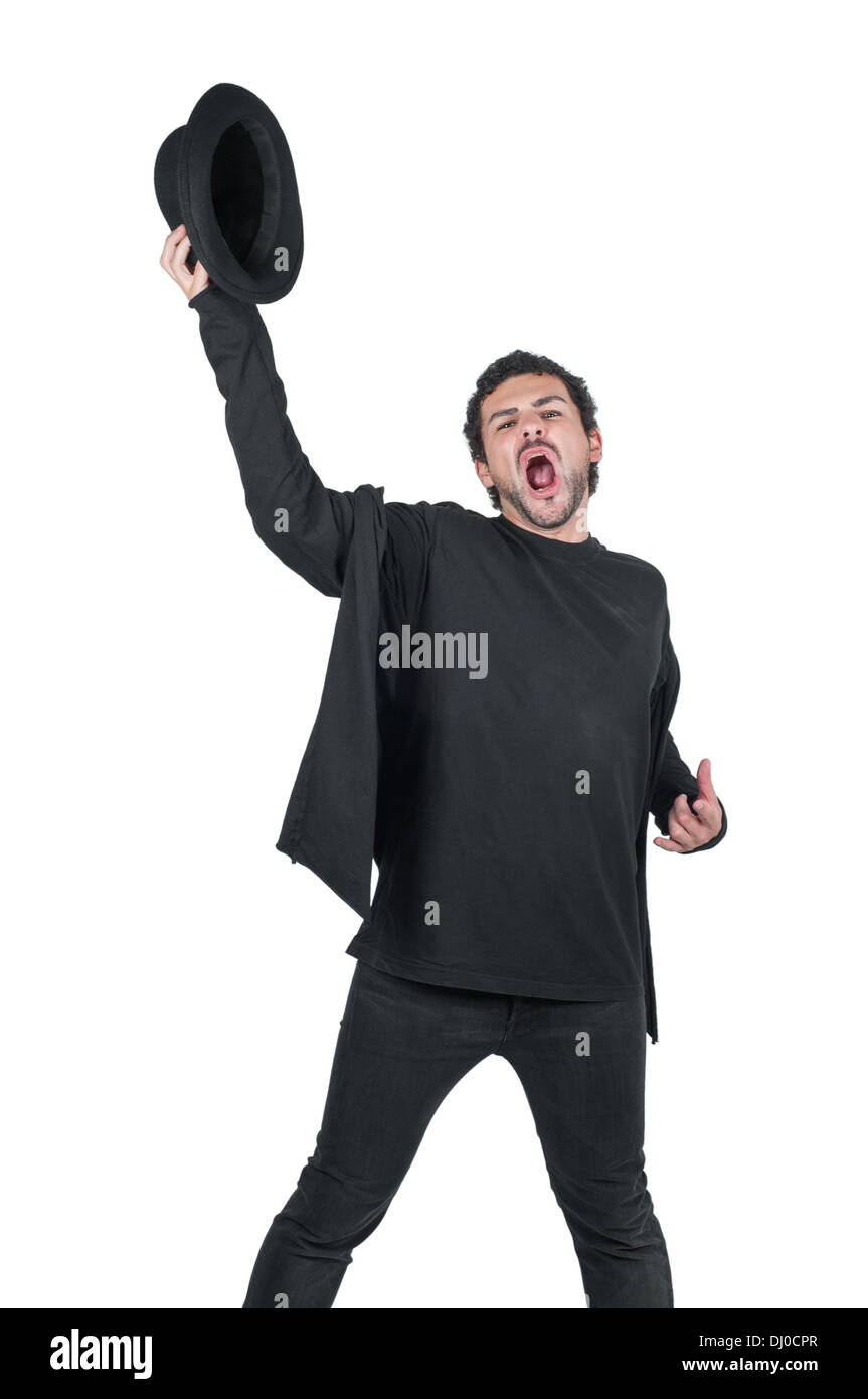Man with hat in hand yelling Stock Photo - Alamy