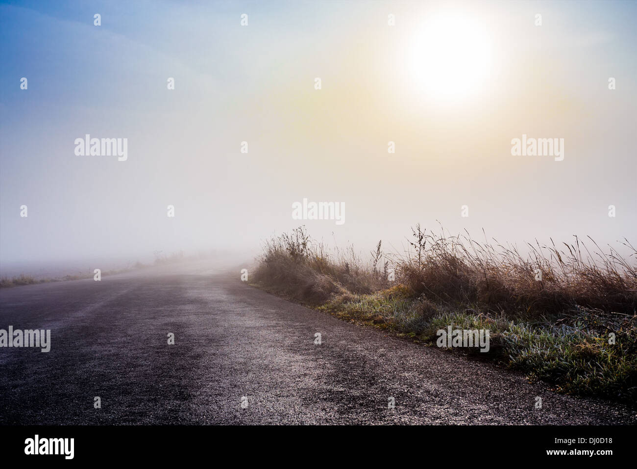mystical rural foggy road going to the sunrise Stock Photo - Alamy
