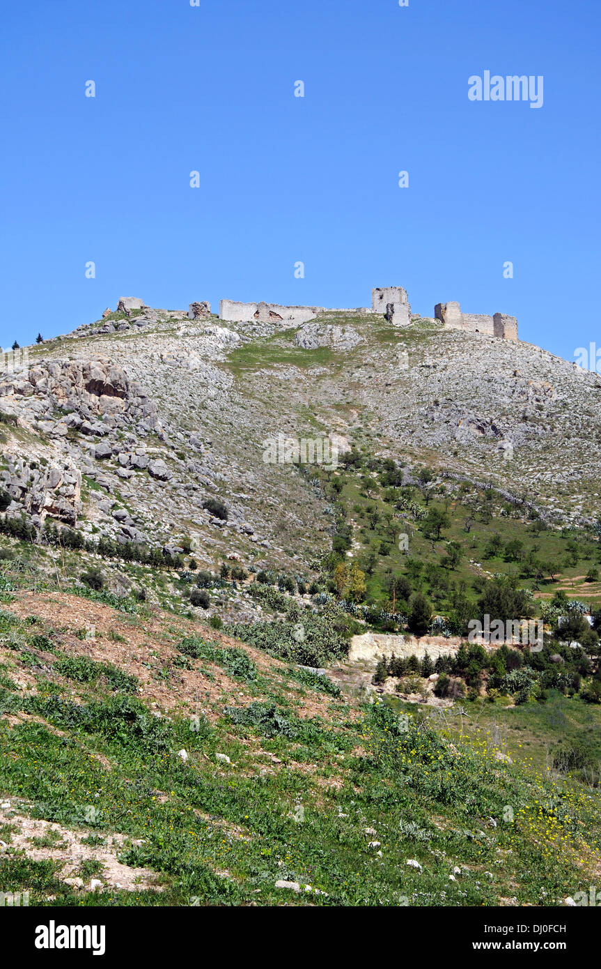 View of the castle on top of the hill (Castillo de la Estrella), Teba ...