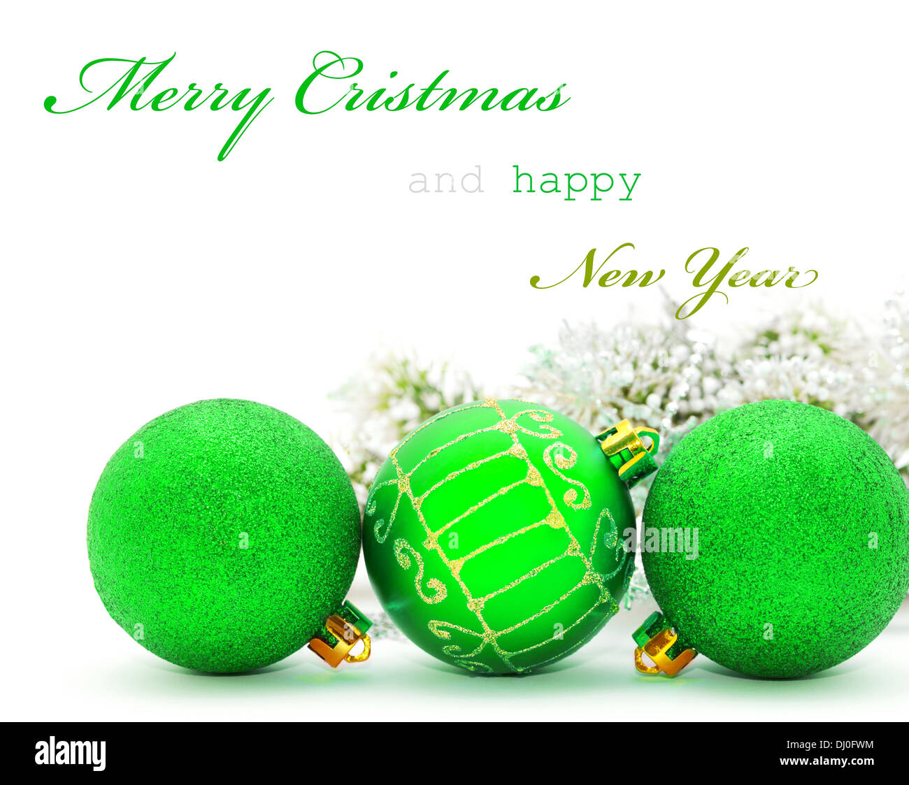 Christmas greeting card with green baubles and sample text Stock Photo ...