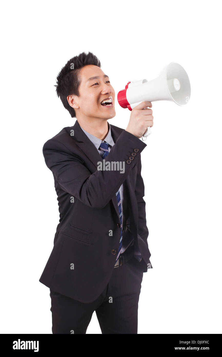 Standing holding communication megaphone authority hi-res stock ...