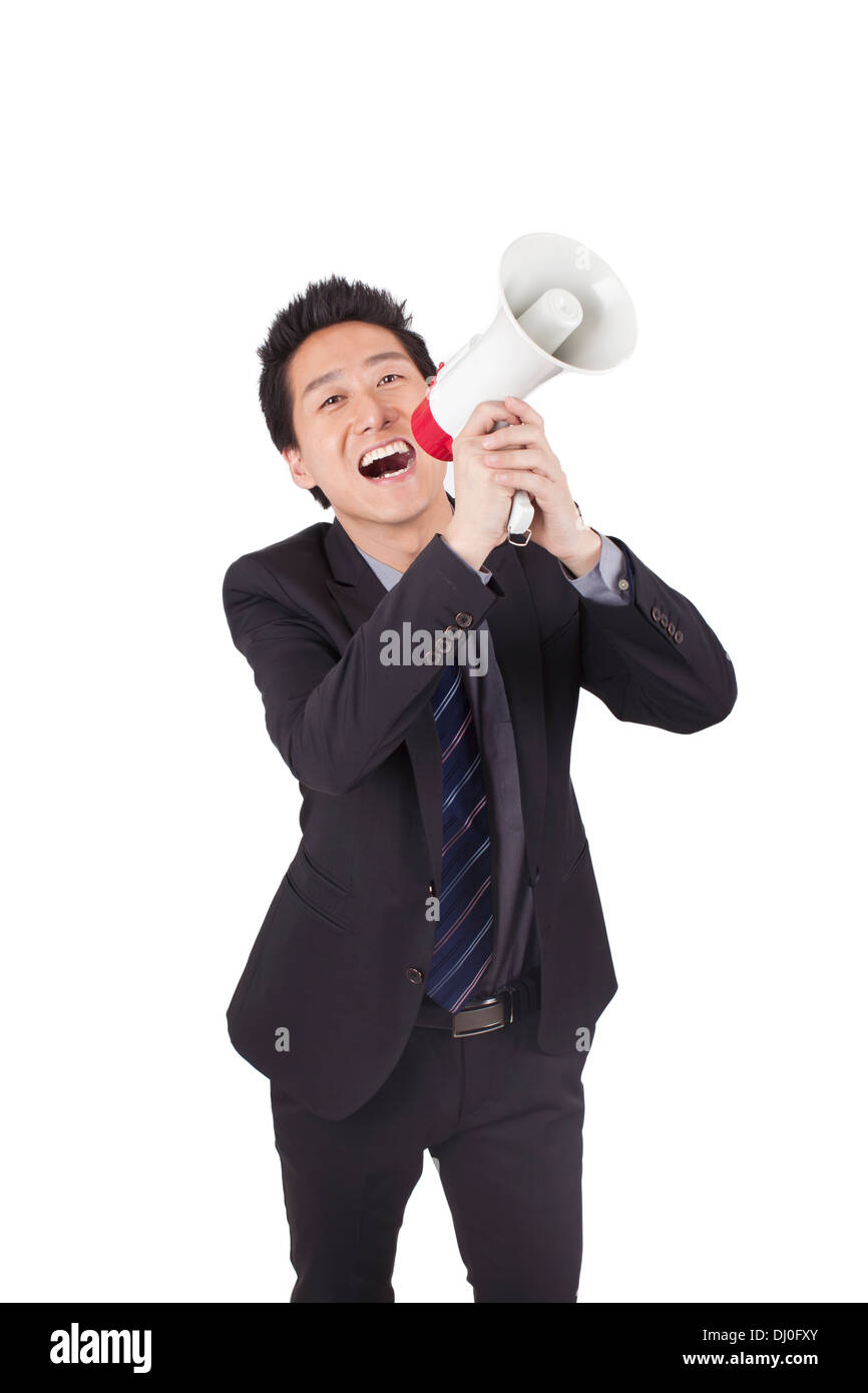 Standing holding communication megaphone authority hi-res stock ...