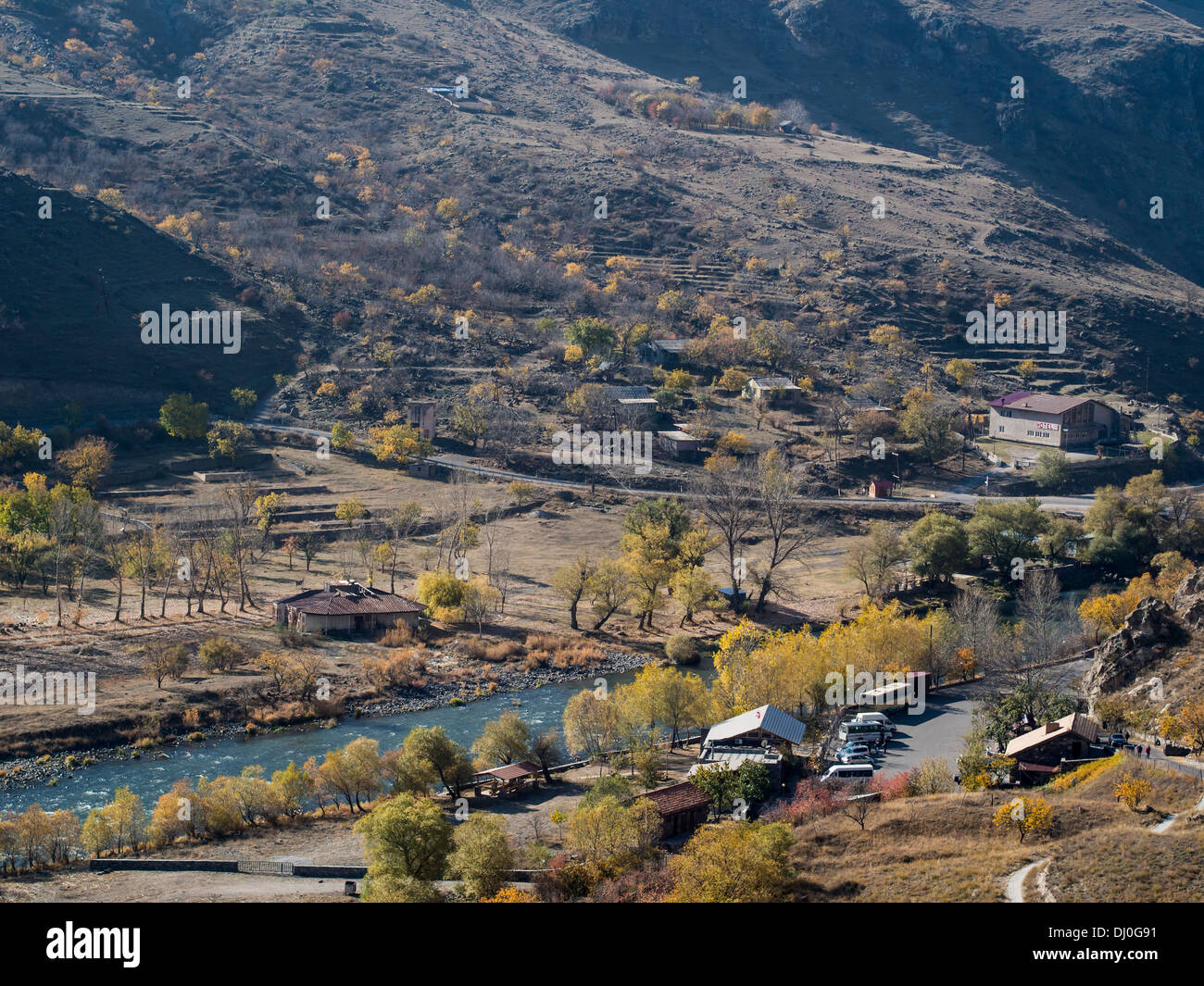 The valley of Mtkvari (Kura) river next to Vardzia, the rock-hewn city ...