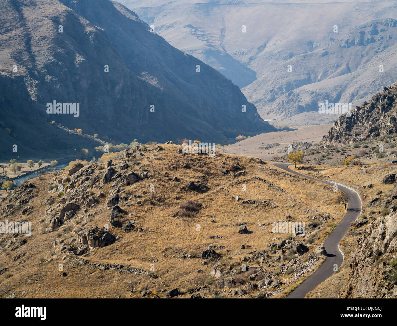 The valley of Mtkvari (Kura) river near to Vardzia, the rock-hewn city ...