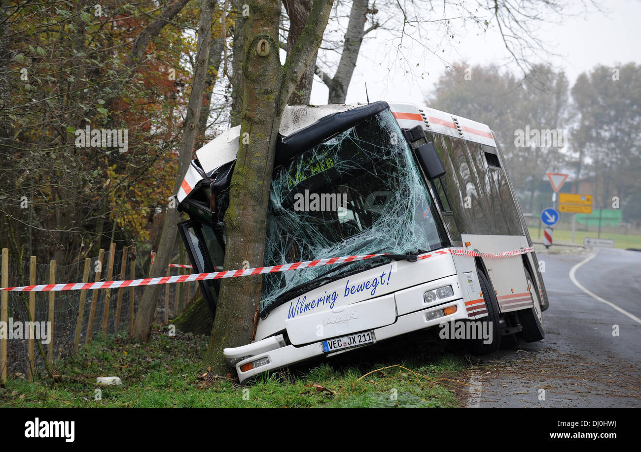 Vechta, Germany. 18th Nov, 2013. The school bus has hit a tree in an ...