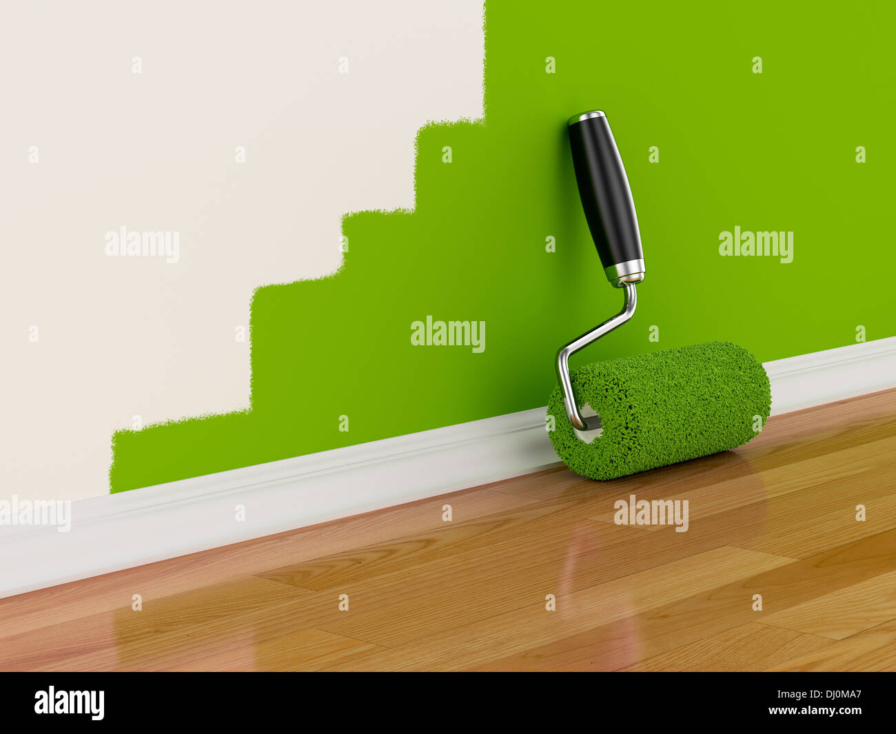 3d render of roller brush with part painted wall. Renovation concept ...