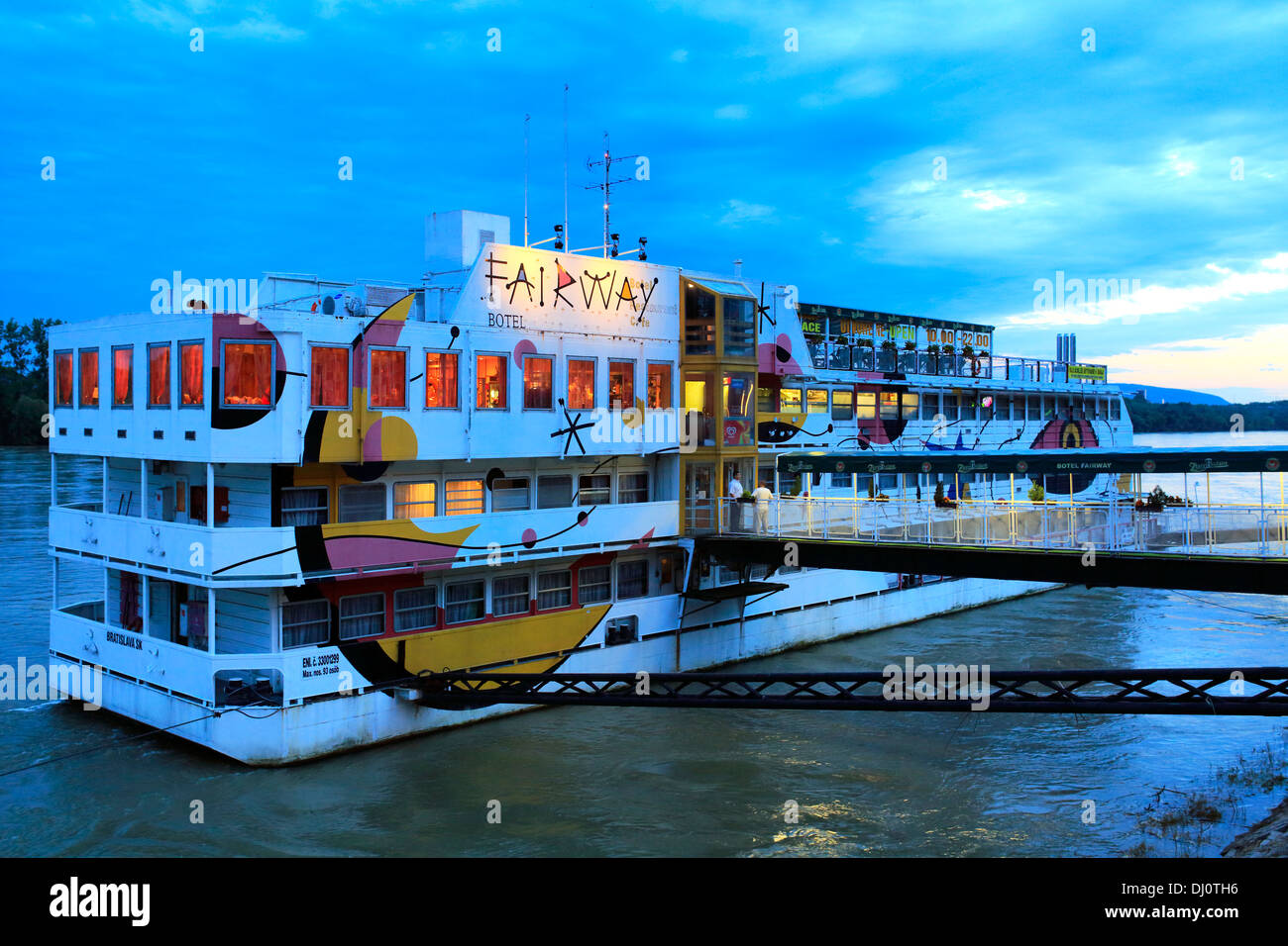 Floating restaurant, Danube embankment at night, Bratislava, Slovakia ...