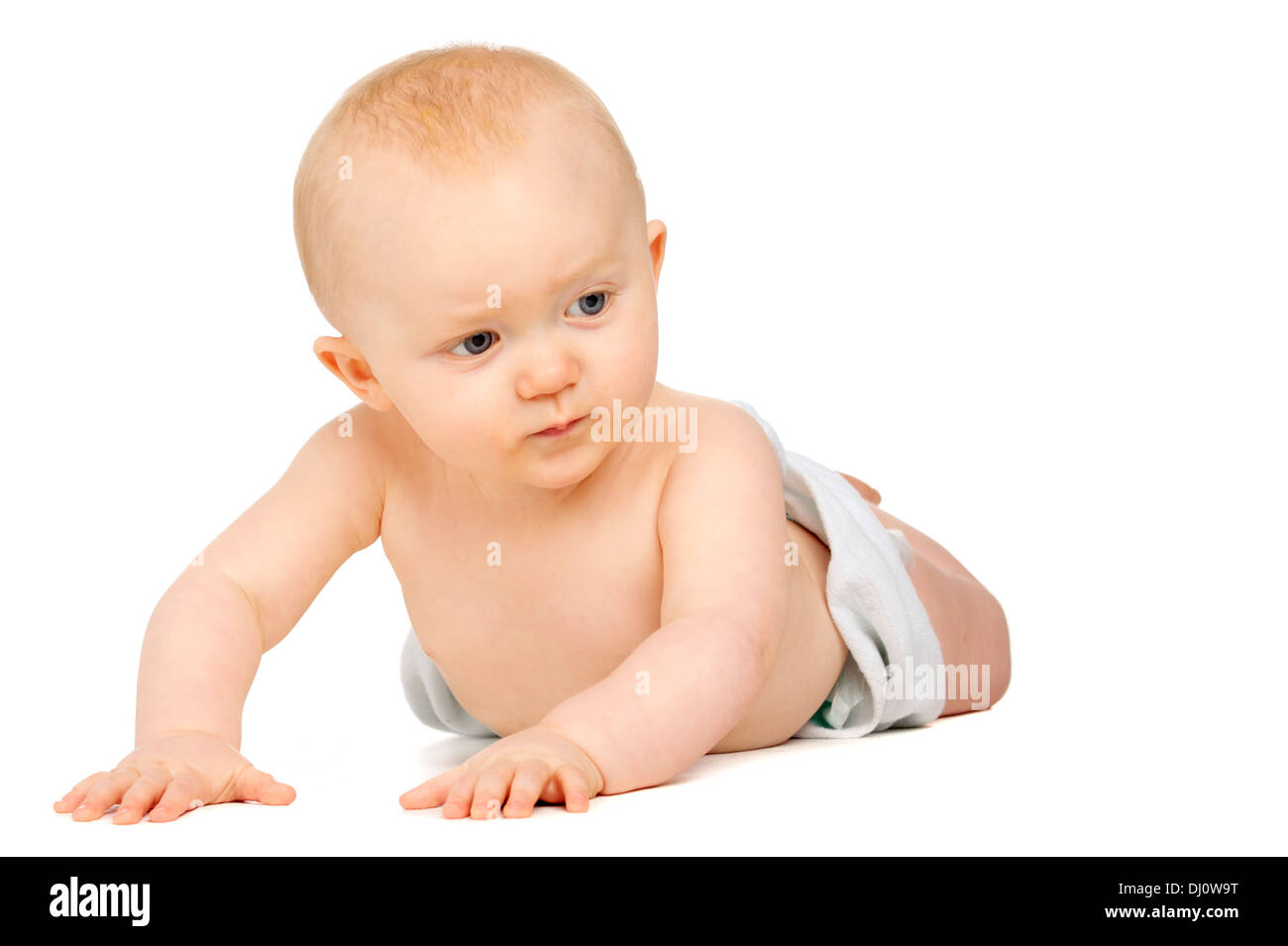 Baby crawling forward isolated on a white background, looking aaside ...