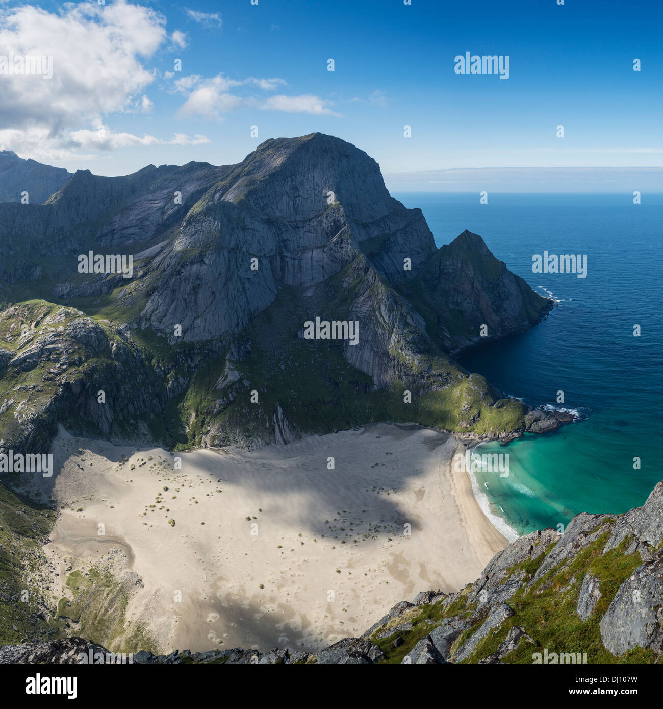 Bunes beach as viewed from Helvetestinden, Moskenesoy, Lofoten Islands ...