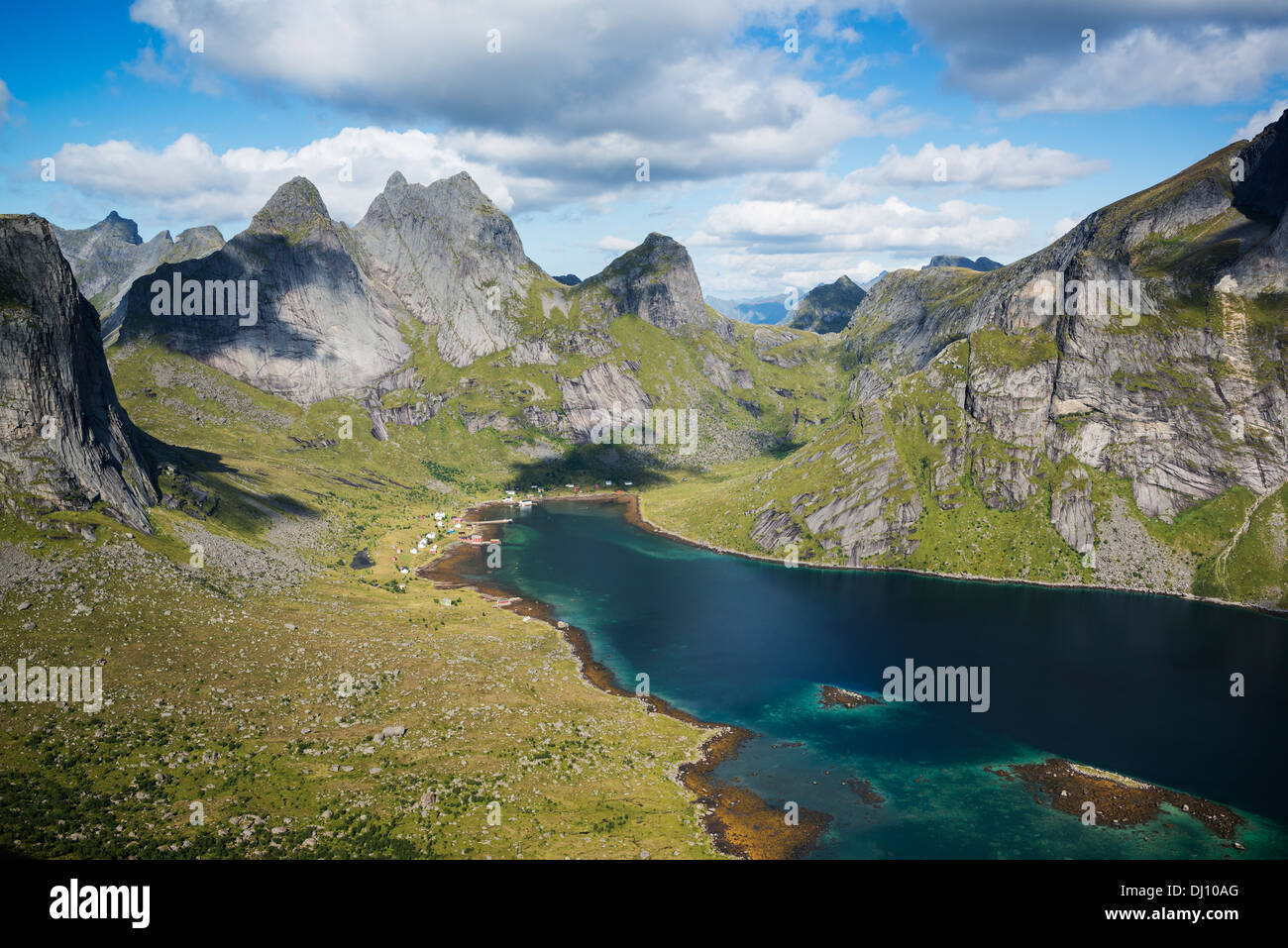 View towards Kjerkfjorden and mountains of Moskenesoy, Lofoten Islands ...