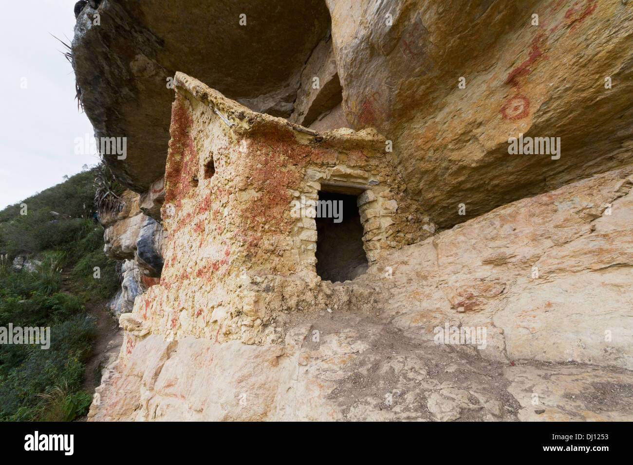 Chullpas of the Chachapoya culture with walls colored with red figures ...