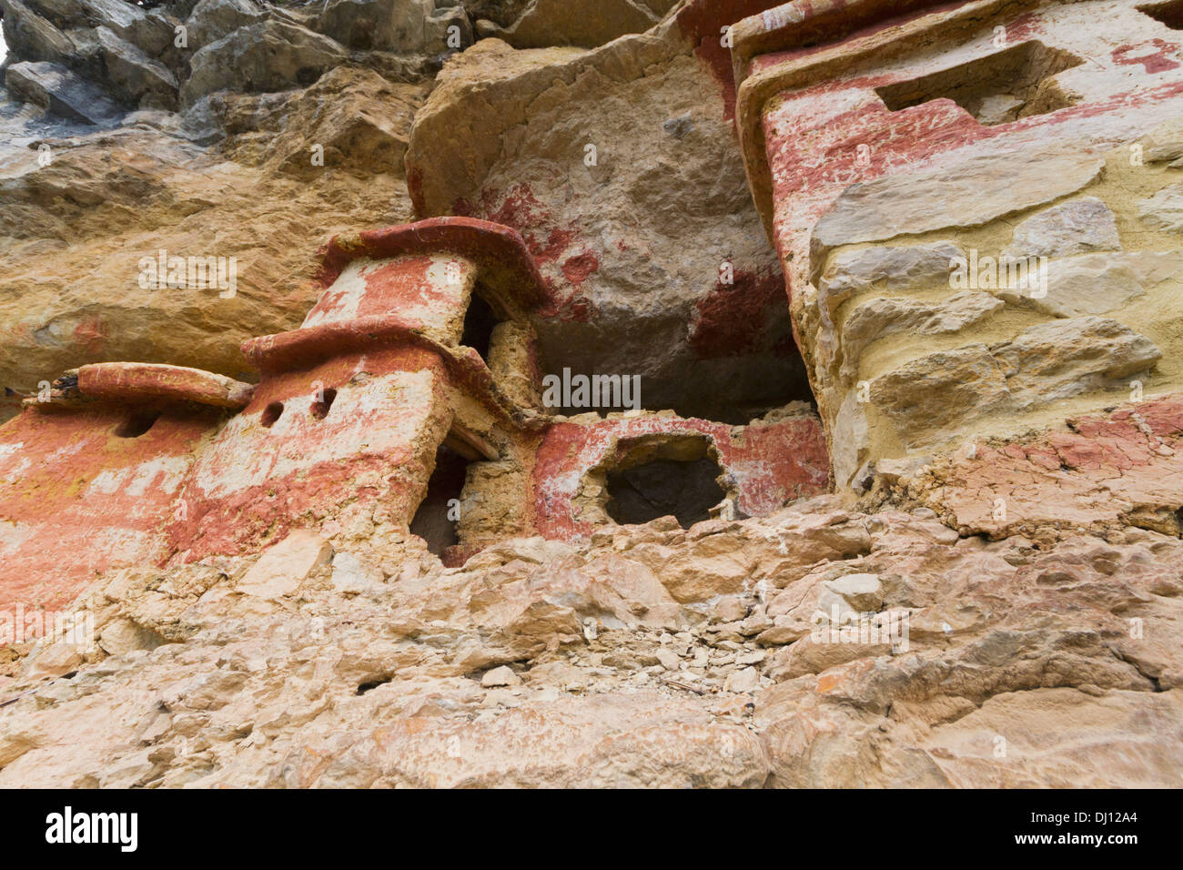 Chullpas of the Chachapoya culture with walls colored with red figures ...