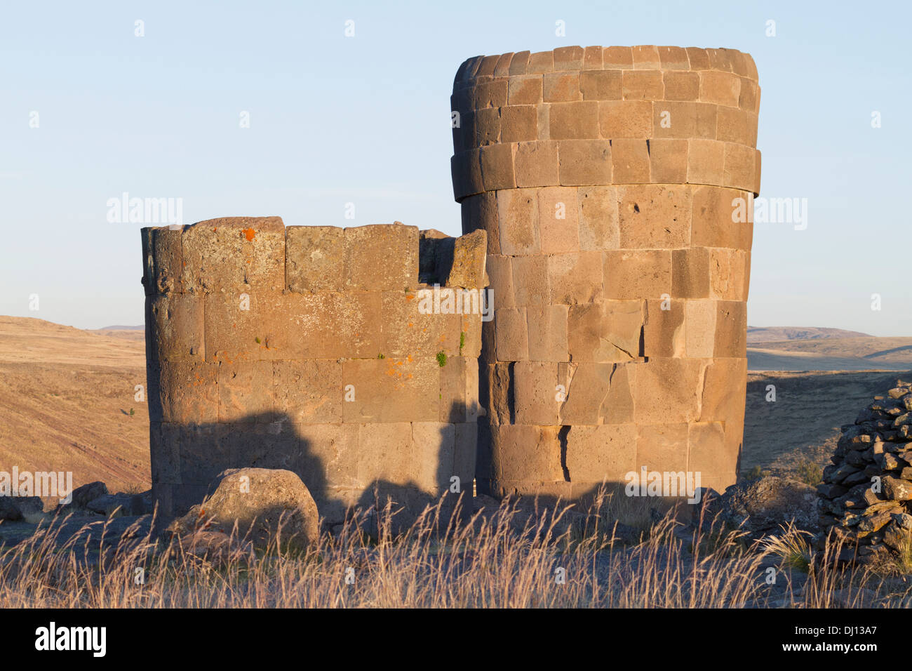 Chullpas (ancient Colla funerary towers), Sillustani, Puno, Peru Stock ...