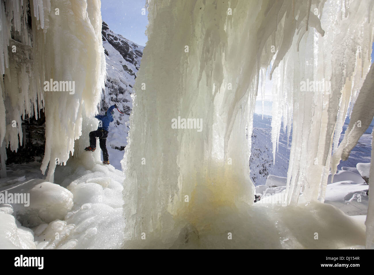 ice climbers on frozen kinder downfall in the peak district Stock Photo ...